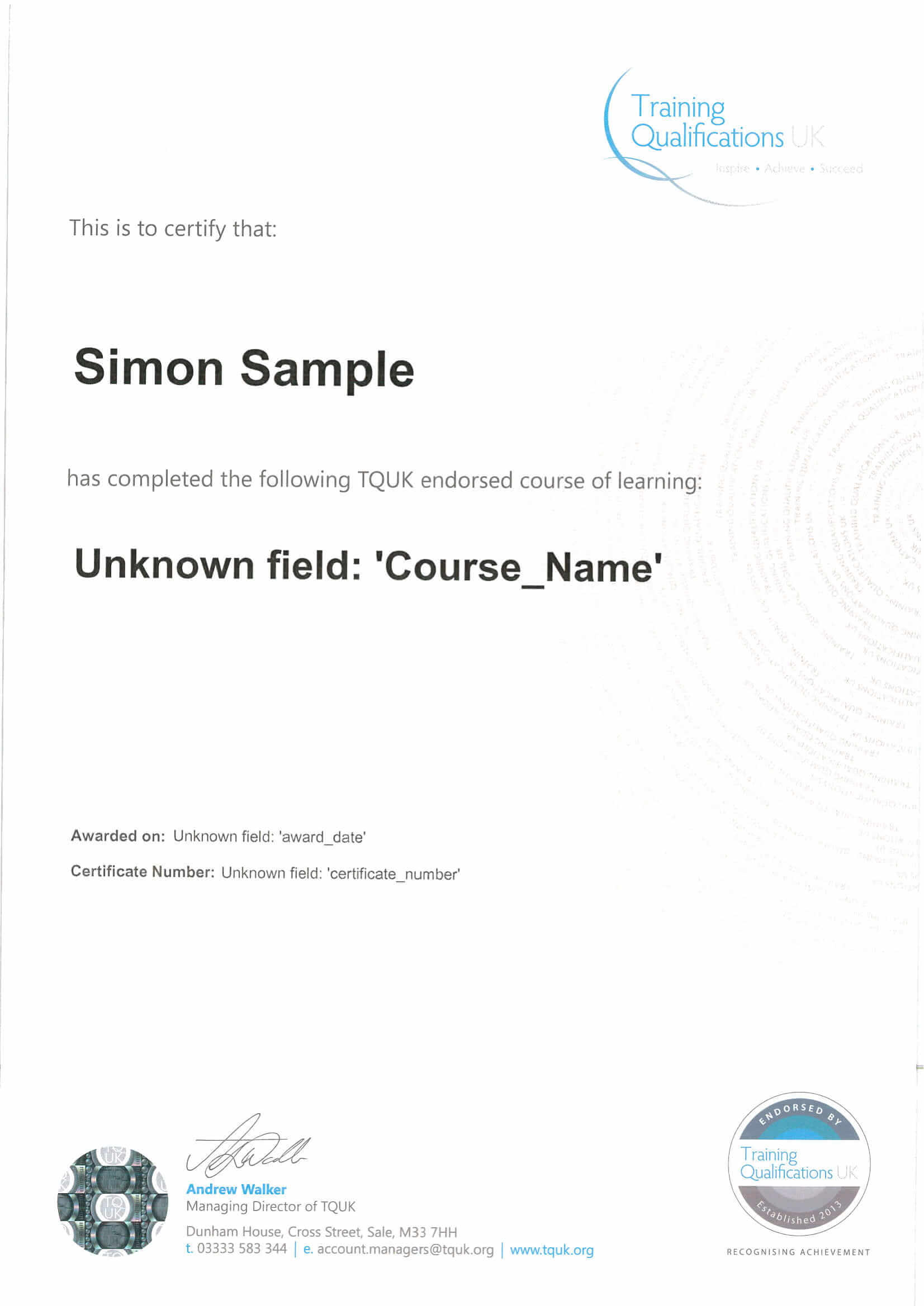 training qualification certificate – One Education