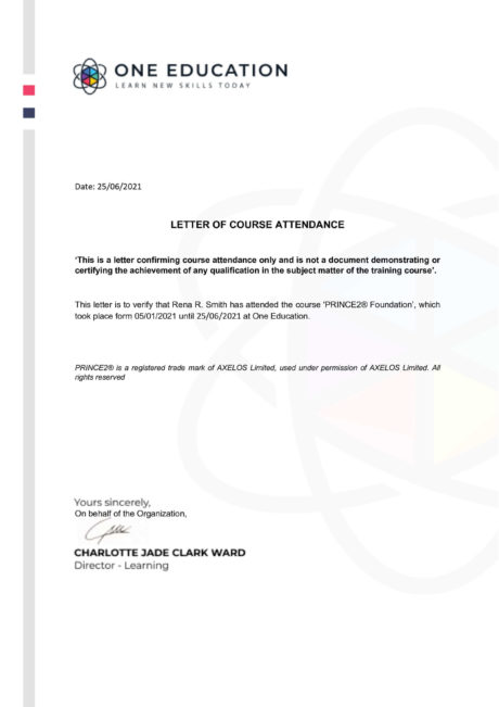Letter of Course Attendance – One Education
